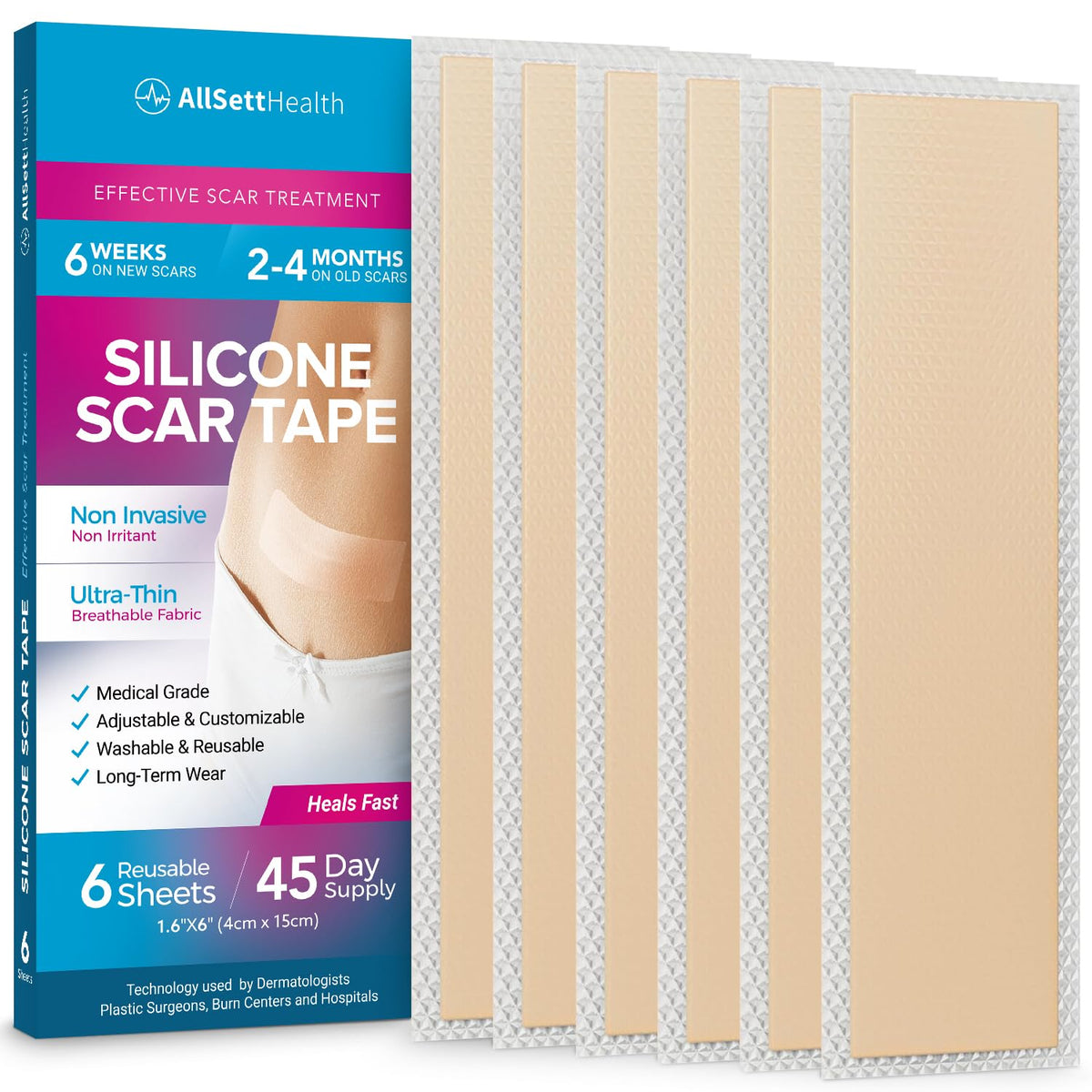 AllSett Health Medical Grade Silicone Scar Sheets (6 Pack)